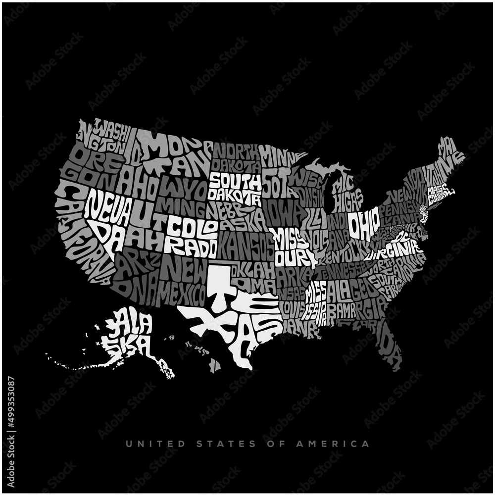USA map typography. United States of America map lettering in black and ...