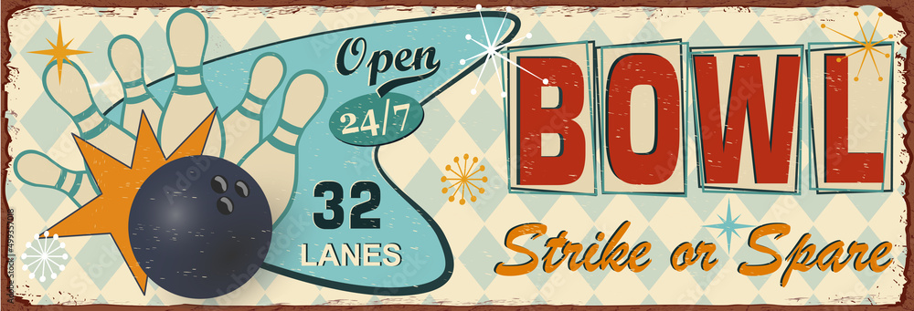 Vintage Bowling metal sign.Retro poster 1950s style. Stock Vector ...
