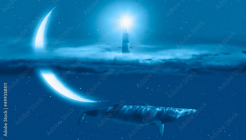 Humpback whale swims underwater in the background a lighthouse with ...