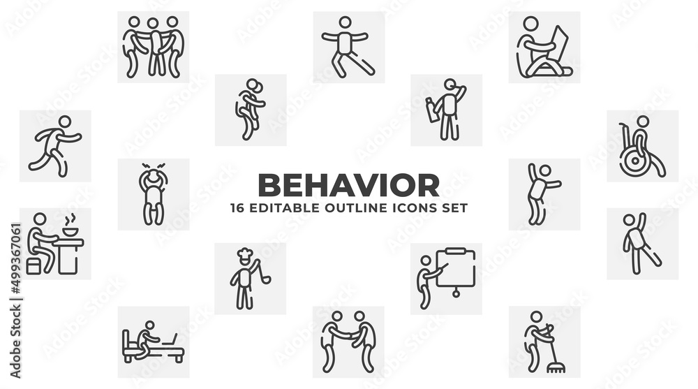 concept of 16 behavior thin line icons such as three men conference ...