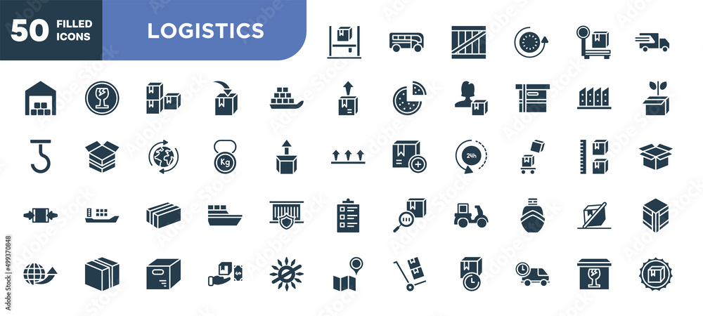 set of 50 filled logistics icons. editable glyph icons collection such ...