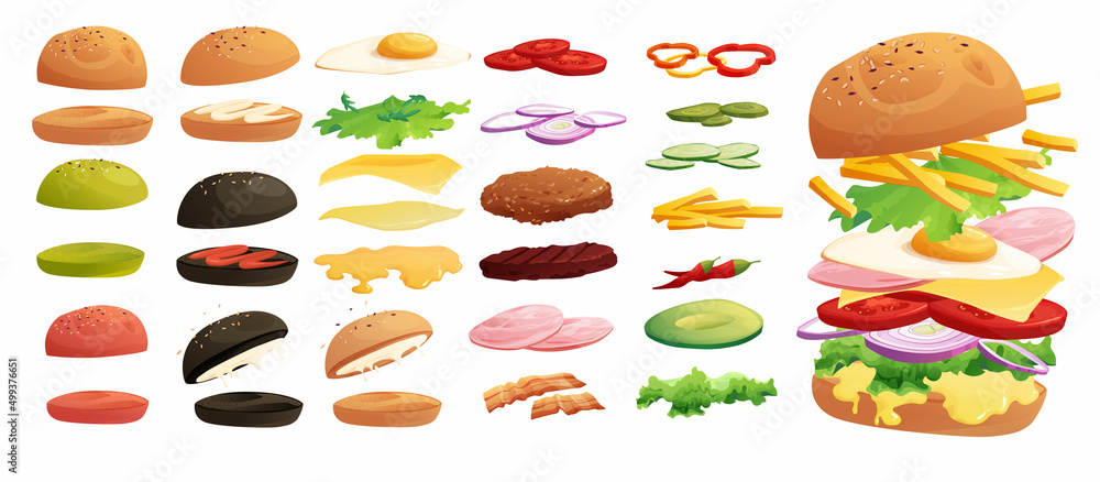 Burgers ingredients set: buns, chili, tomato, cheese, bacon, cucumber ...