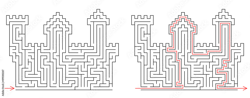 Brick castle labyrinth. Maze inside fortress with towers. Medium ...