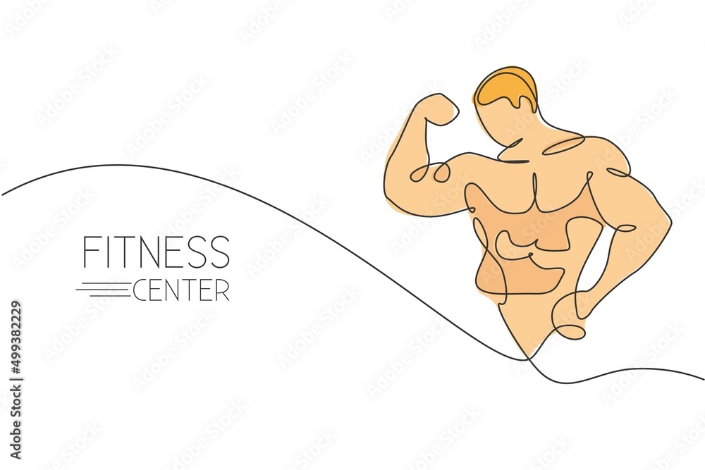 One single line drawing of young energetic model man bodybuilder pose charmingly vector ...
