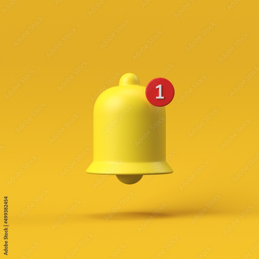 3d icon yellow notification bell isolate on yellow background, social ...