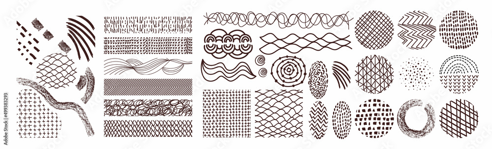 Set of abstract hand drawn patterns and organic line in circle. Elements of watercolor brush ...