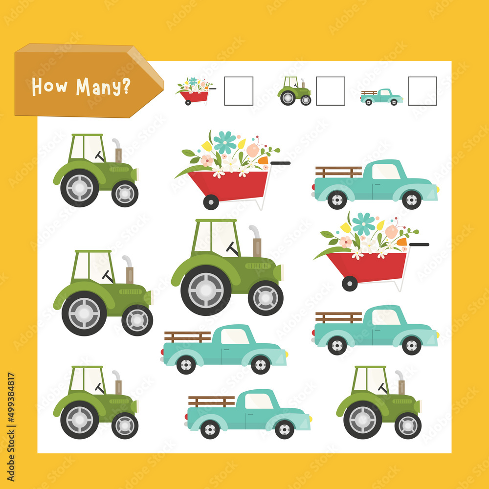 Farm activities for kids. How many. Count the number of tractors ...