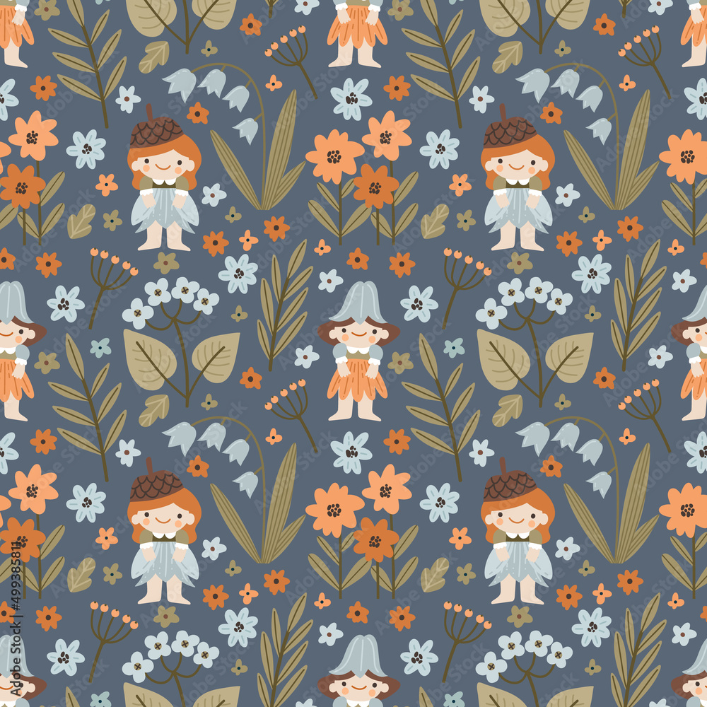 Vector seamless background with flowers and fairies in cartoon style ...