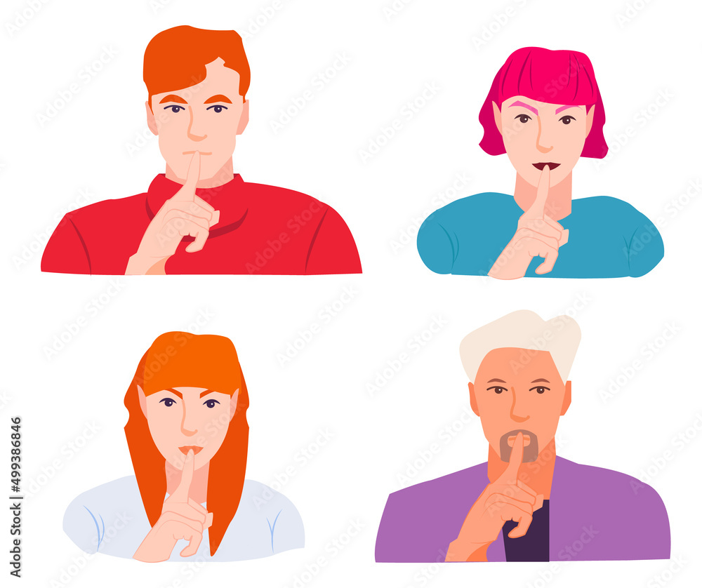 Shhh... Collection of man and woman keep finger on lips, demonstrate ...