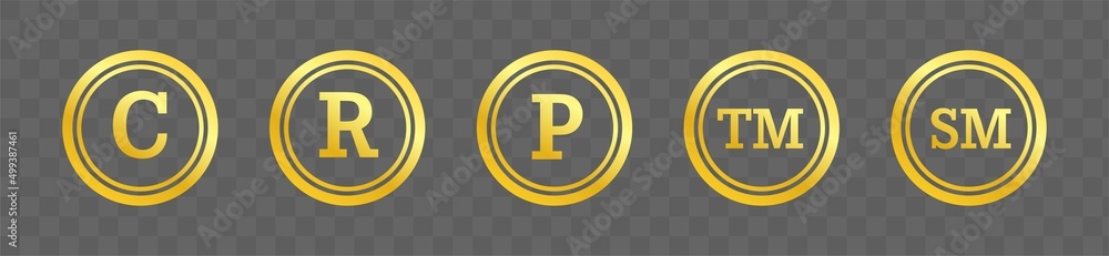 Set of registered trademark symbols in gold. Intellectual property sign ...