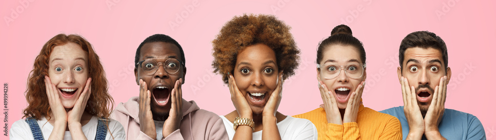 Group of diverse shocked people with wow and surprise face expression ...