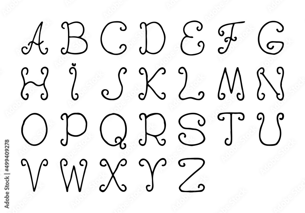 Calligraphic English alphabet in doodle style. Freehand drawing. Sketch ...