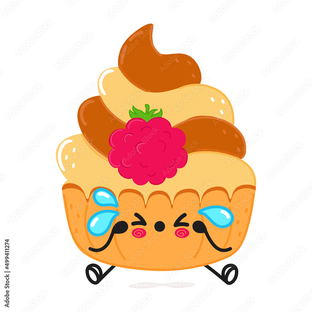 Cute sad cake character. Vector hand drawn cartoon kawaii character ...