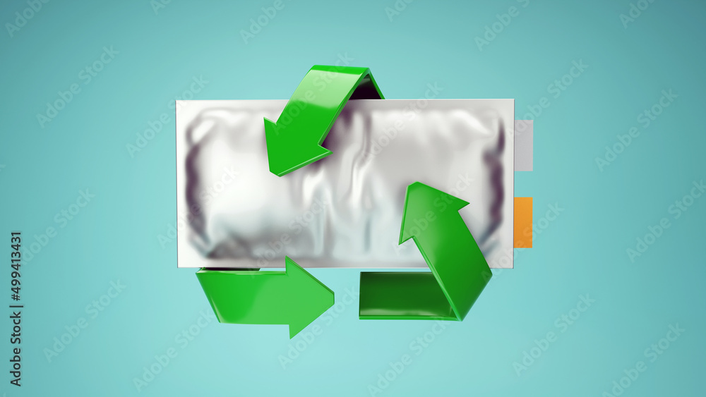 Lithium polymer battery cell enclosed in a recycling symbol. 3d render ...