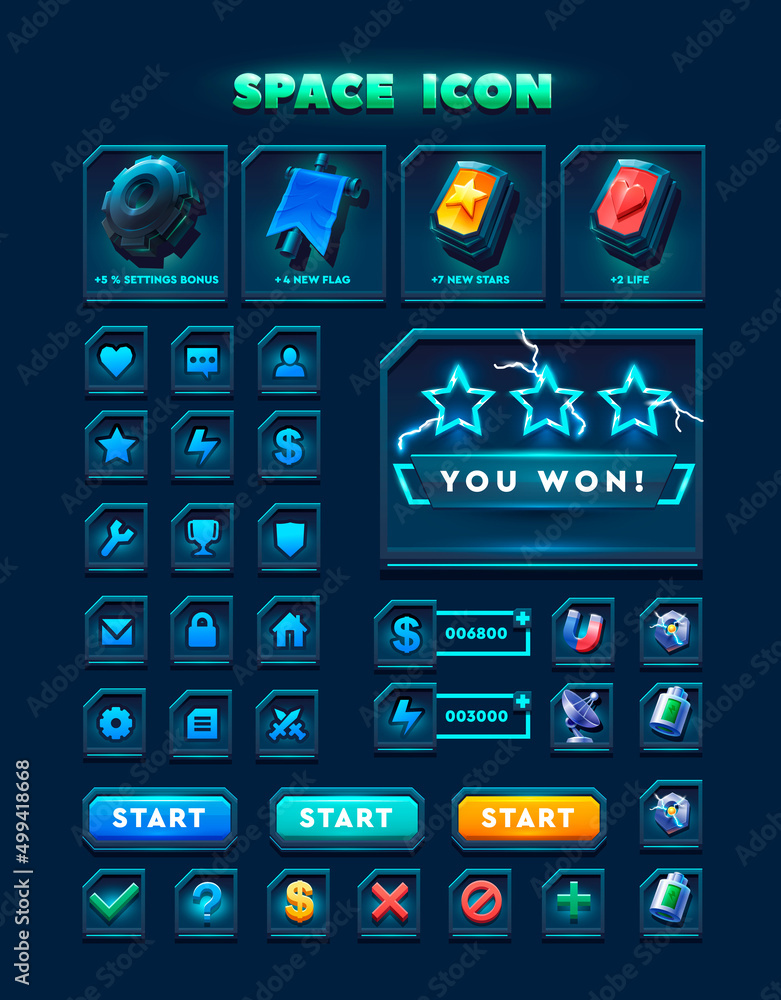 Set of elements for mobile 3d games. Icons and buttons on a dark ...