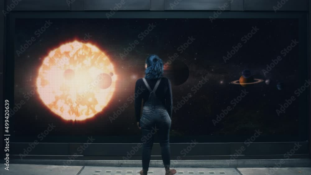 Street Girl Space Led Panel Solar System Digital Background. Woman ...