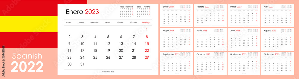 Calendar and planner for 2023 year. Week starts on Monday. 12 boards ...