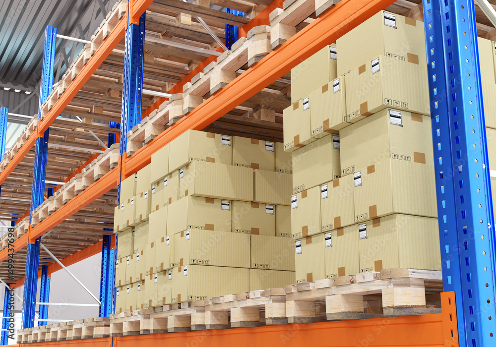 Distribution center. Cardboard boxes on wooden pallets. Distribution ...