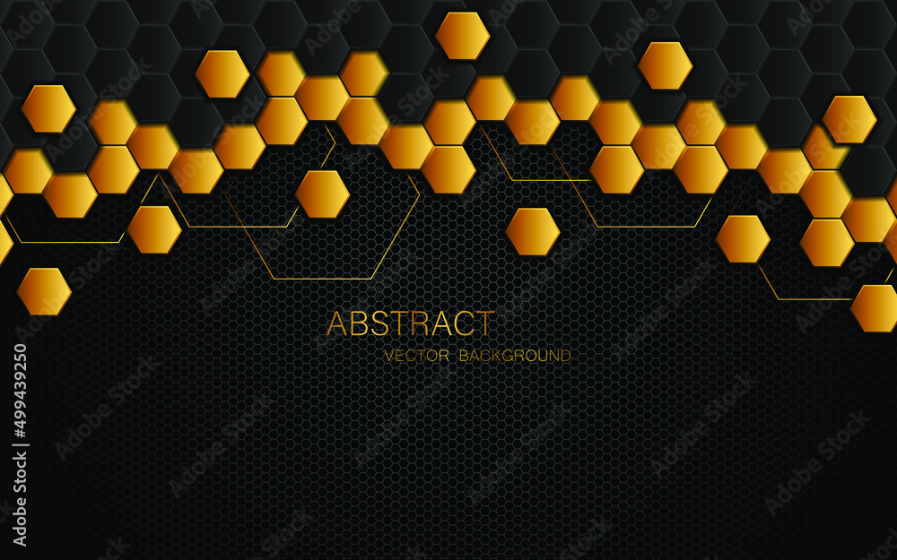 Abstract black and gold hexagon shapes with glowing lines on dark steel ...