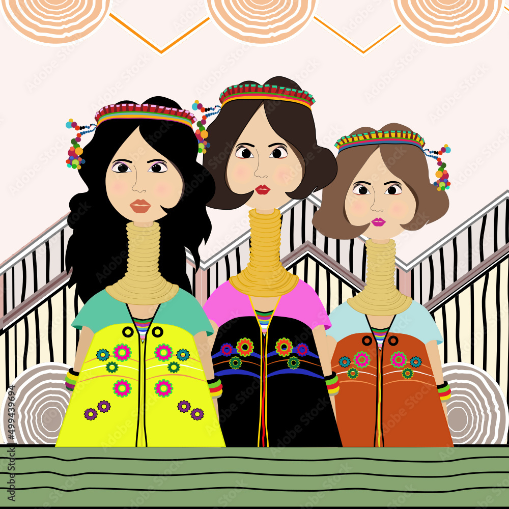 Beautiful long-necked Karen hill tribe cartoon characters of northern ...