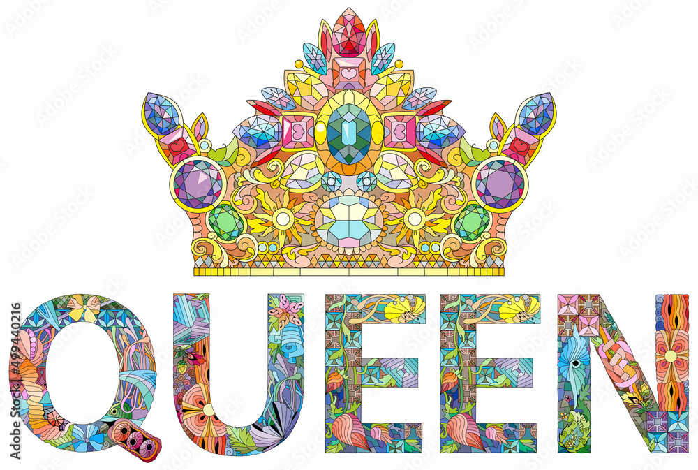 Queen handwritten word with the image of a crown. Modern calligraphy ...