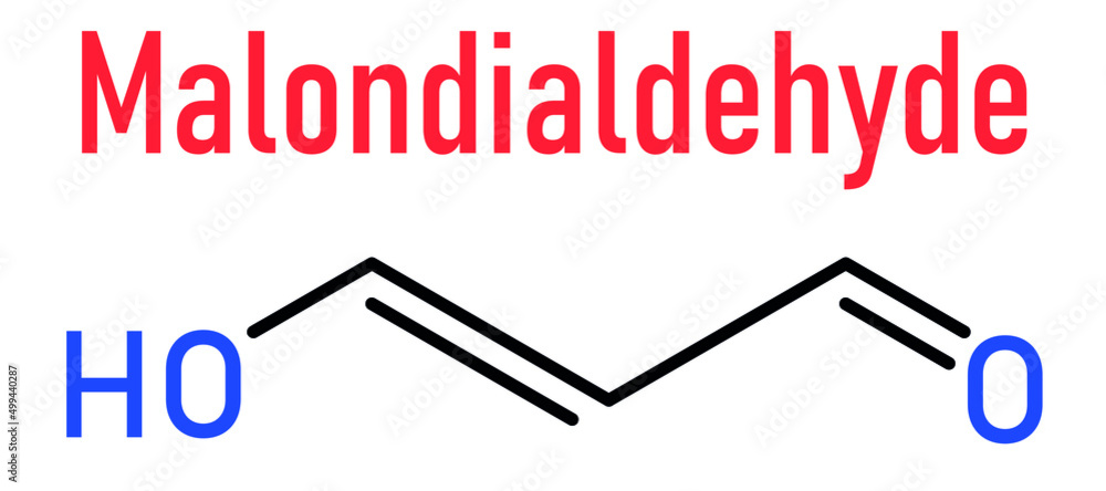 Plakat Malondialdehyde or MDA, enol form, molecule. Marker of oxidative ...