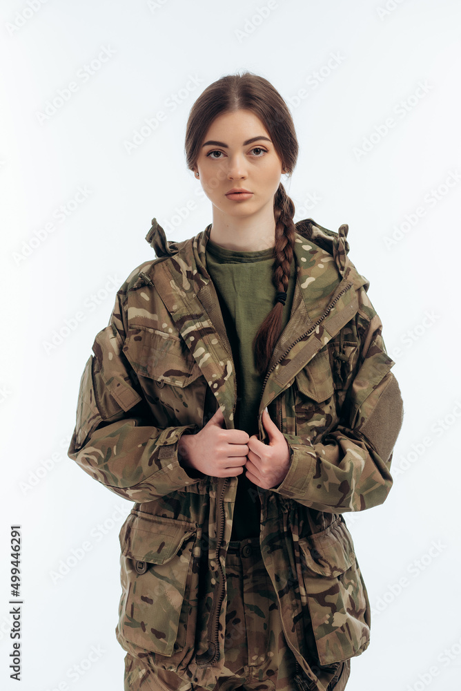 Girl in military uniform. Ukrainian. War in Ukraine. Bucha. on a white ...