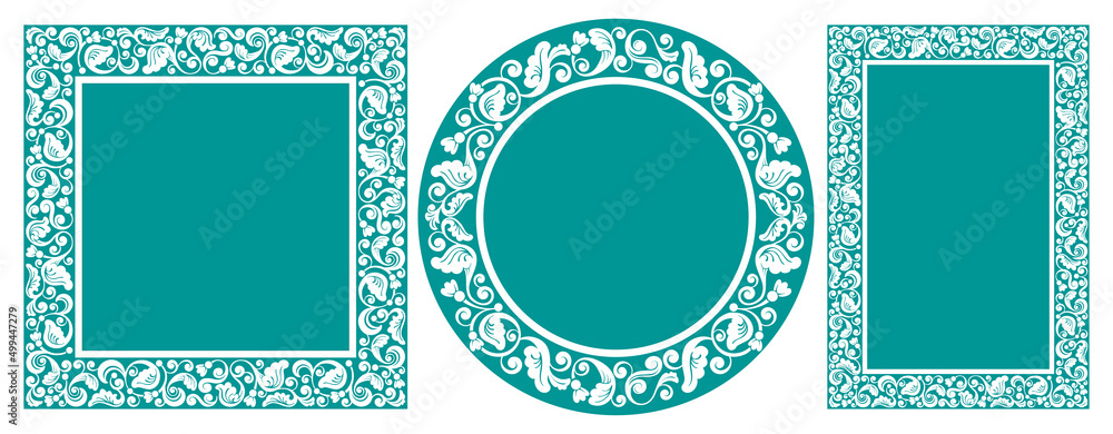 Set of floral design elements. Rectangle, square and circle frame with ...