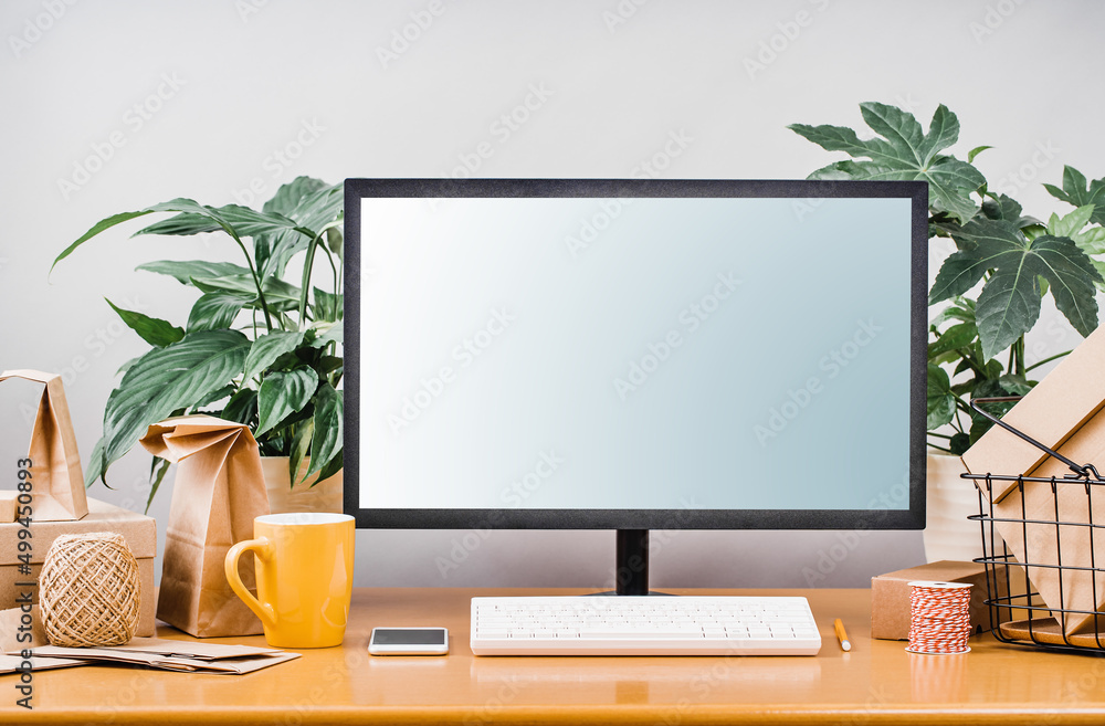 traditional modern office desk with mockup monitor screen, supplies and ...