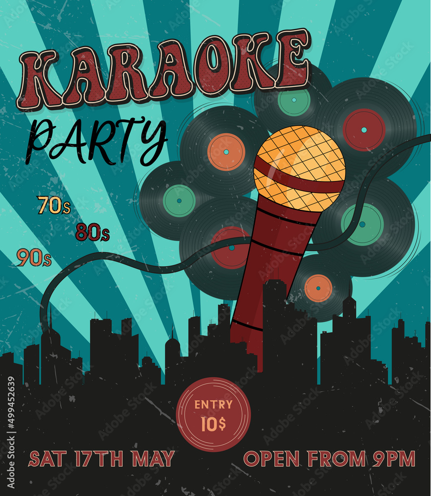 Vector vintage karaoke party flyer with editable text. Music of 70s ...