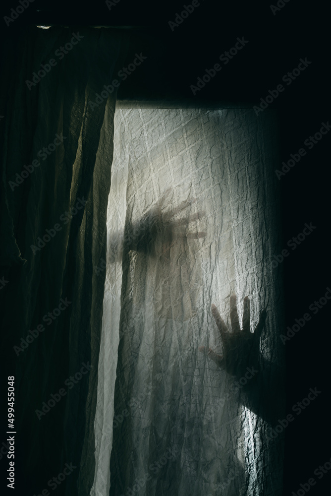 Shadow hands through glass in the door, faceless person, fear Stock ...