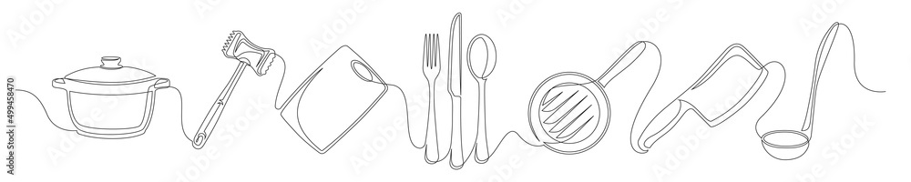 Set of continuous one line drawing of a kitchen elements. Cooking ...