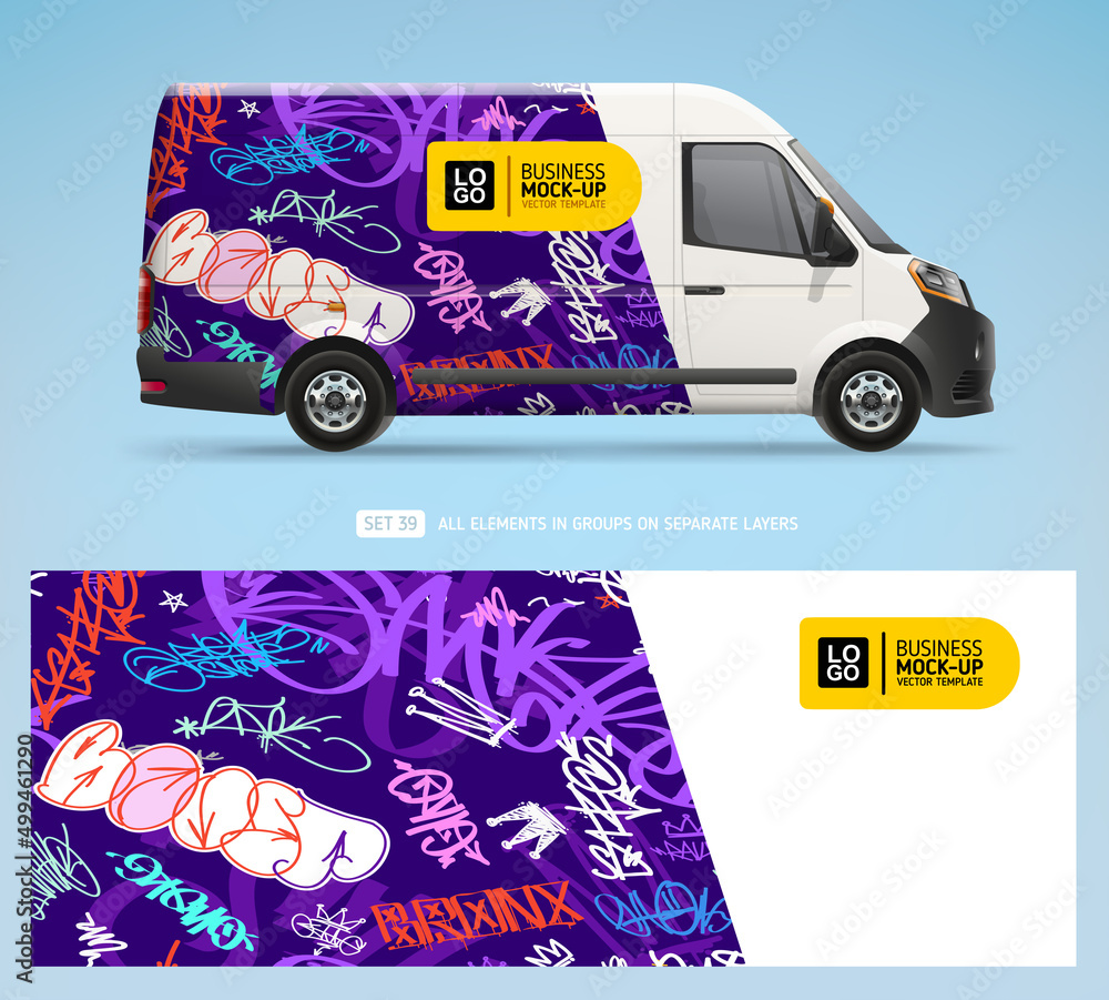 Editable Van Mock-up with Street art graffiti wrap design. Abstract Hip ...
