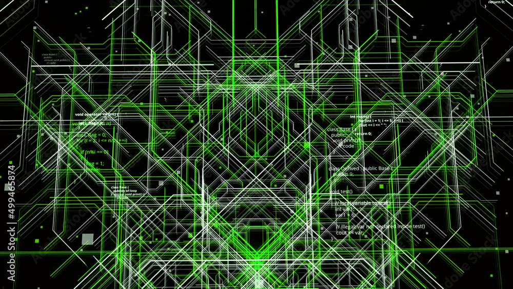 Artificial intelligence creating connections of white and green colors ...