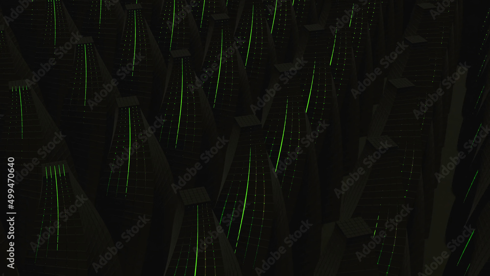 Rows of cones with neon lines. Design. Animation with dark rows of ...
