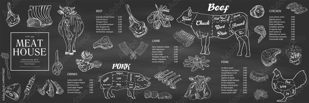 Restaurant Food Menu Design. Meat house restaurant menu price template ...