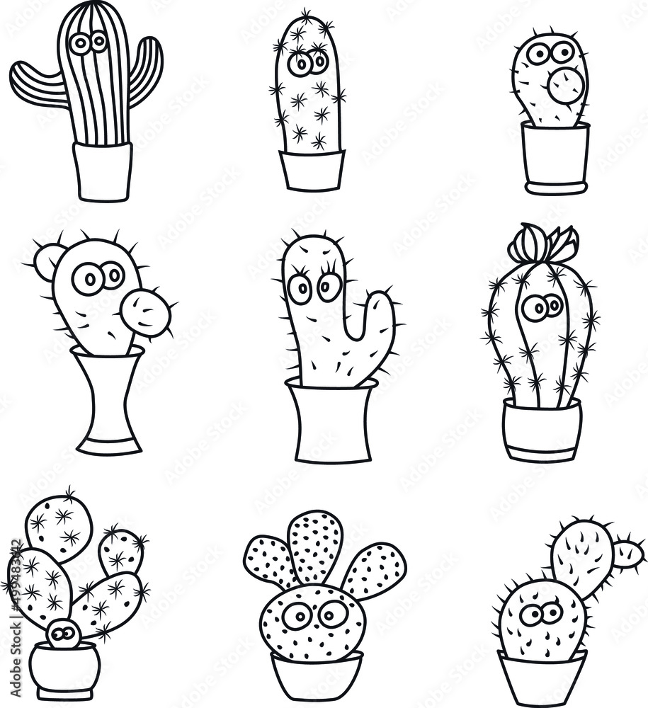 Hand drawn cartoon cactuses set. Cute plants for kids childern design ...