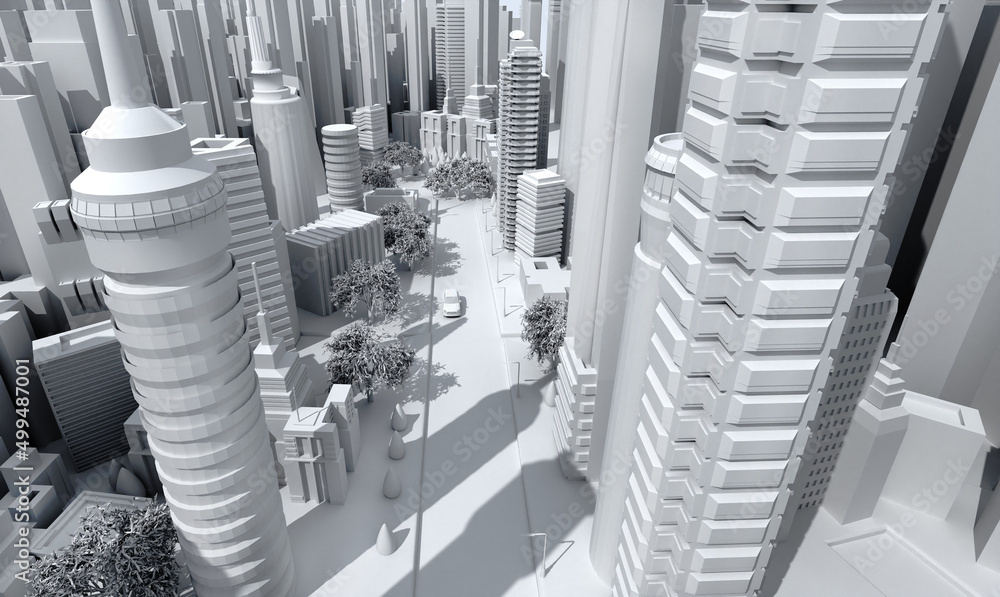 High street view of Modern city with skyscrapers, office buildings ...