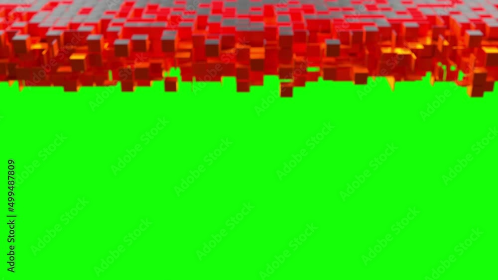 Orange cubic particles cut out of carbon surface, reveal green screen ...