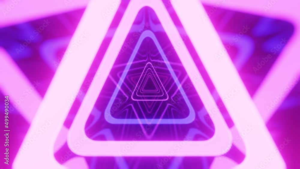 Vidéo Stock triangular tunnel. Fly through mirror tunnel with neon pattern, glow lines form sci ...