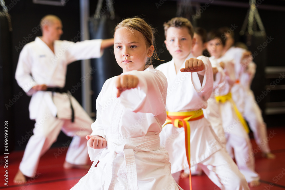 Karate kids in kimono performing kata moves with their teacher in gym ...