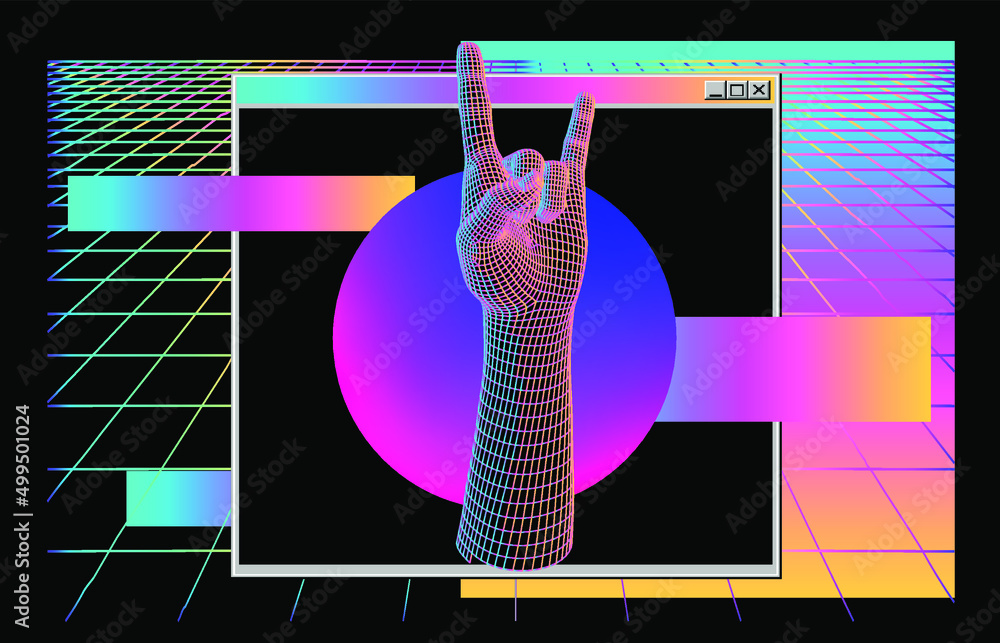 3D vector illustration of a low-poly hand and Collage of user interface ...