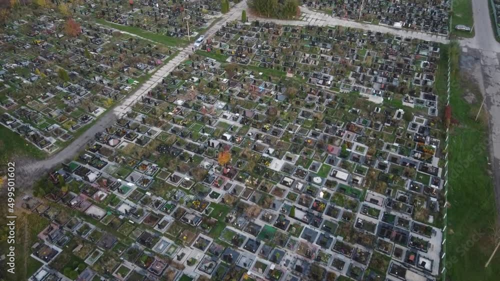drone flies over a large cemetery. cemetery in a city, village. near ...