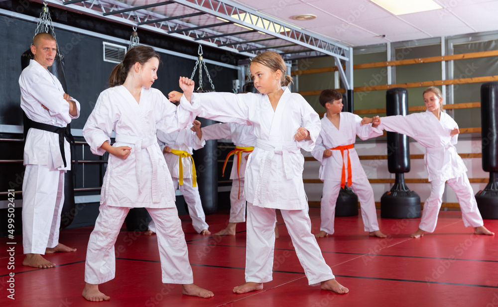 Young girls fighting in pair to use new karate techniques during class ...