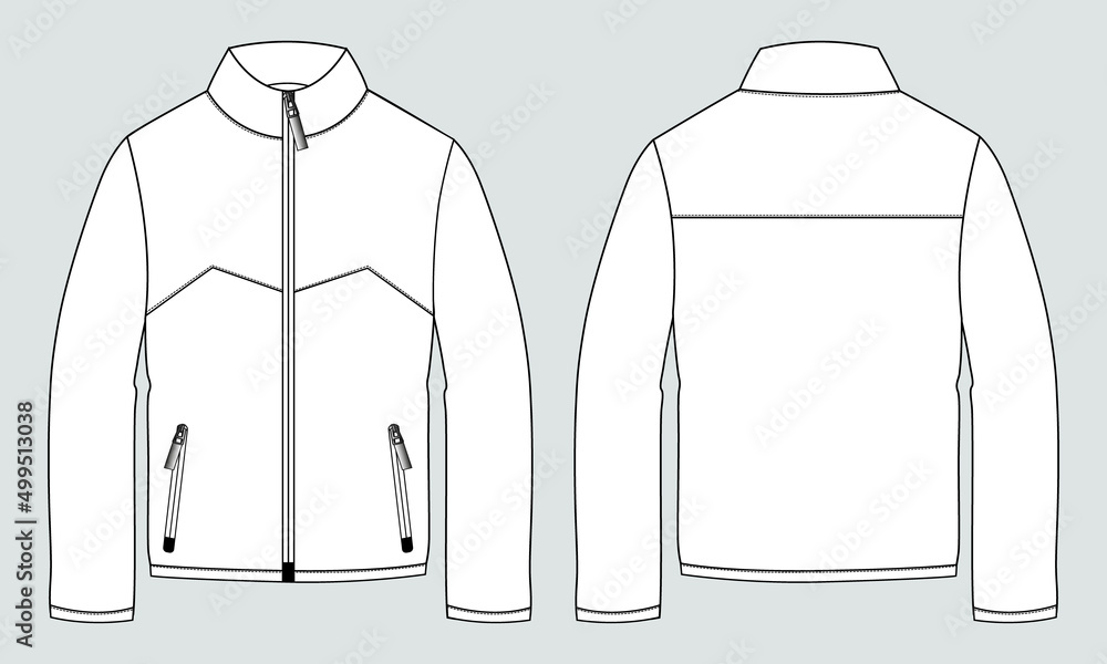Long sleeve jacket with pocket and zipper technical fashion flat sketch ...