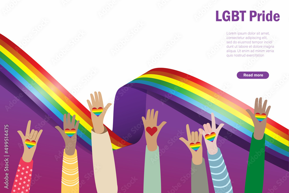 LGBT Pride month. Diversity raising hands paint LGBT rainbow heart on ...
