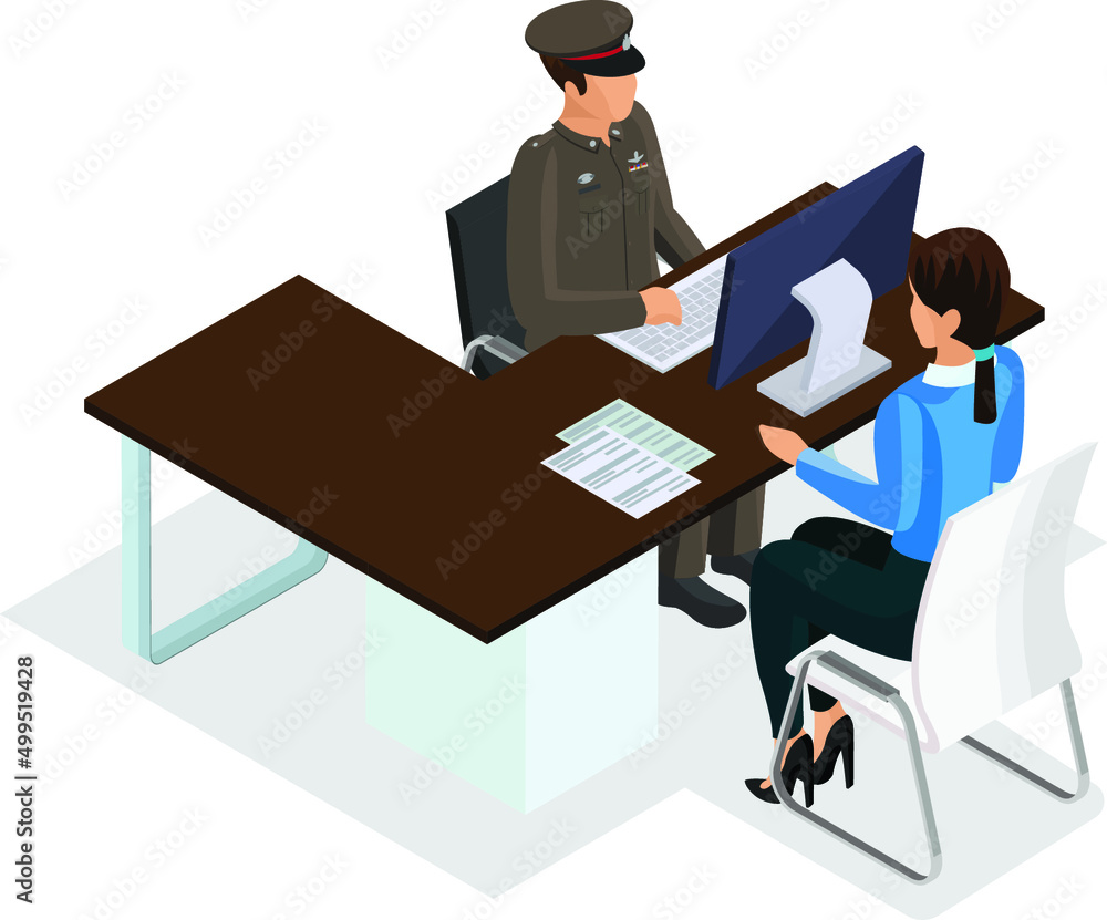 Citizens contact the thai policeman for help. Police report vector ...