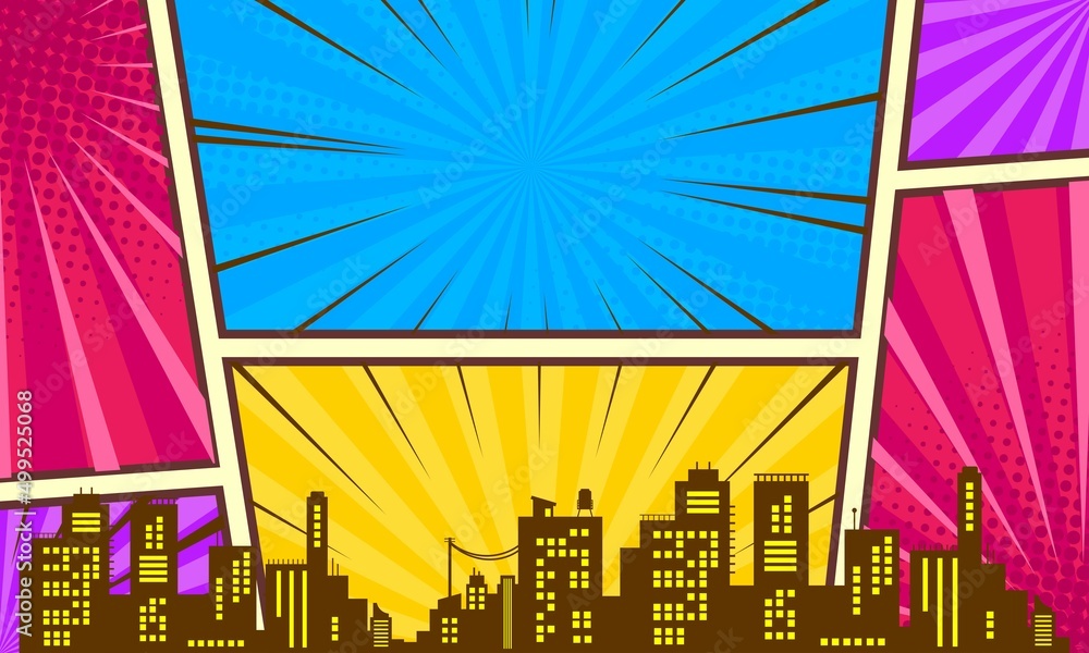 Colorful scene comic background with city silhouette Stock Vector ...