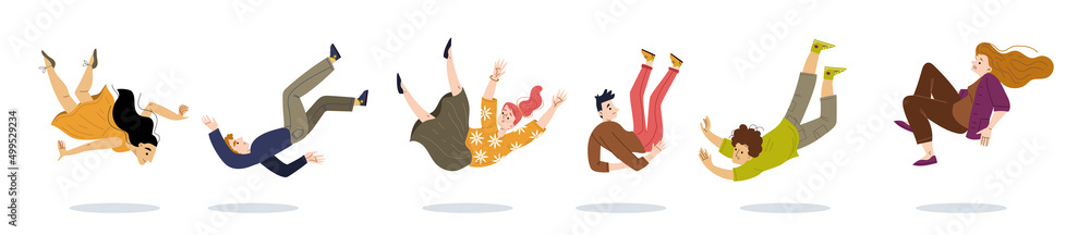 People fall from high, fly down. Vector flat illustration of accident ...