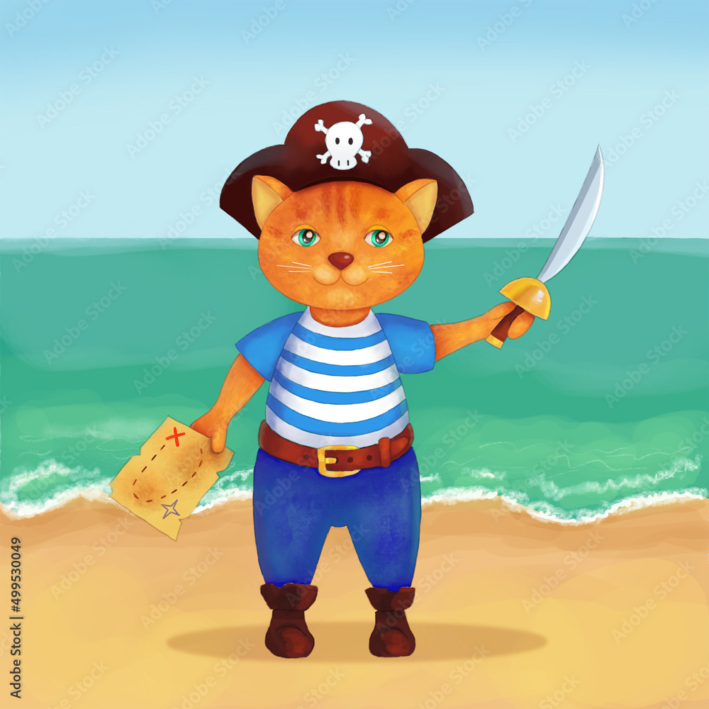 Cat pirate with saber and map, children illustration of cat in boots ...